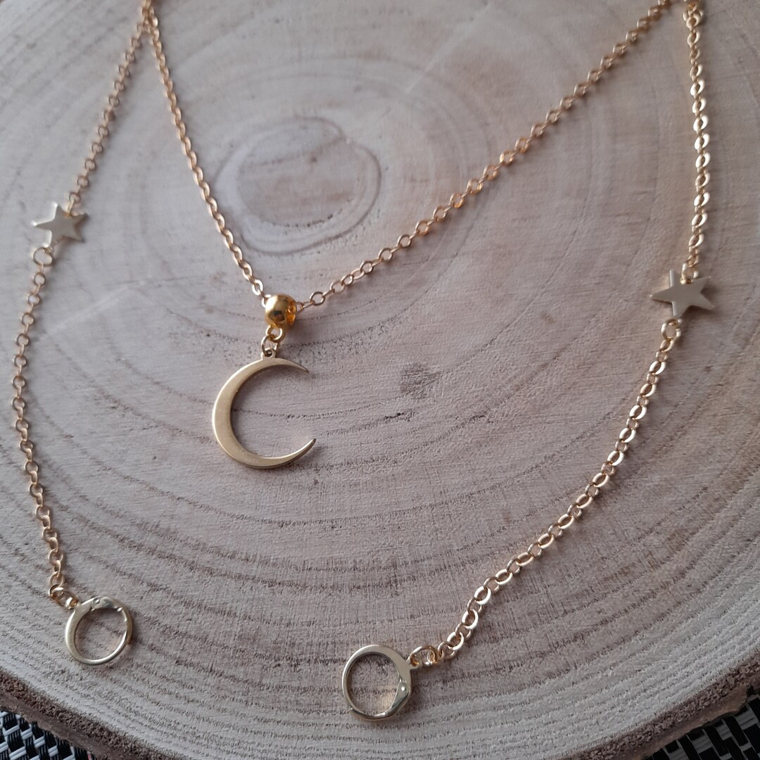 Moon and Stars Chain Earplug Necklace, Gold Necklace for Holding Ear ...