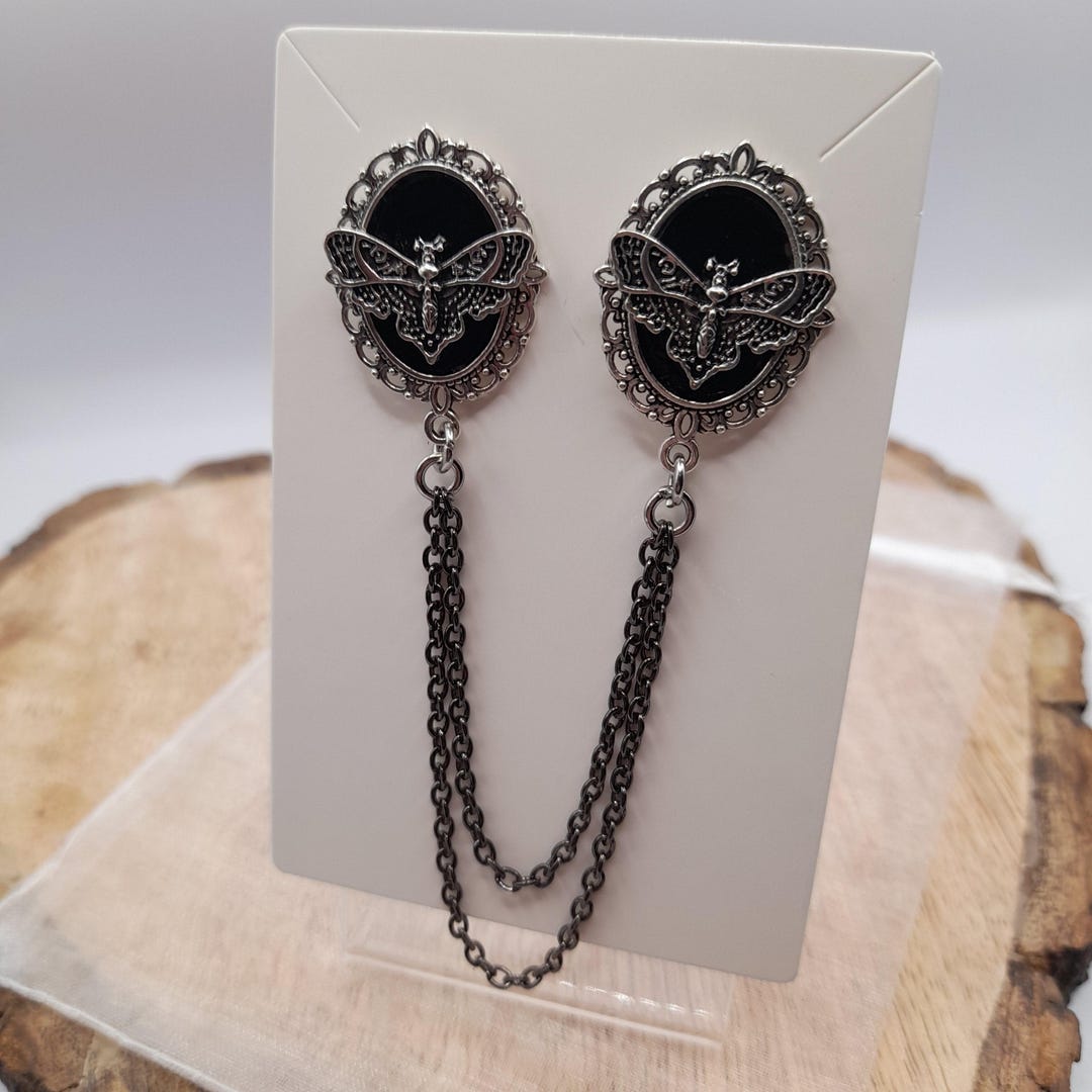 Silver Moth Collar Chain - Double Brooch Cardigan Clip - Shirt Collar ...