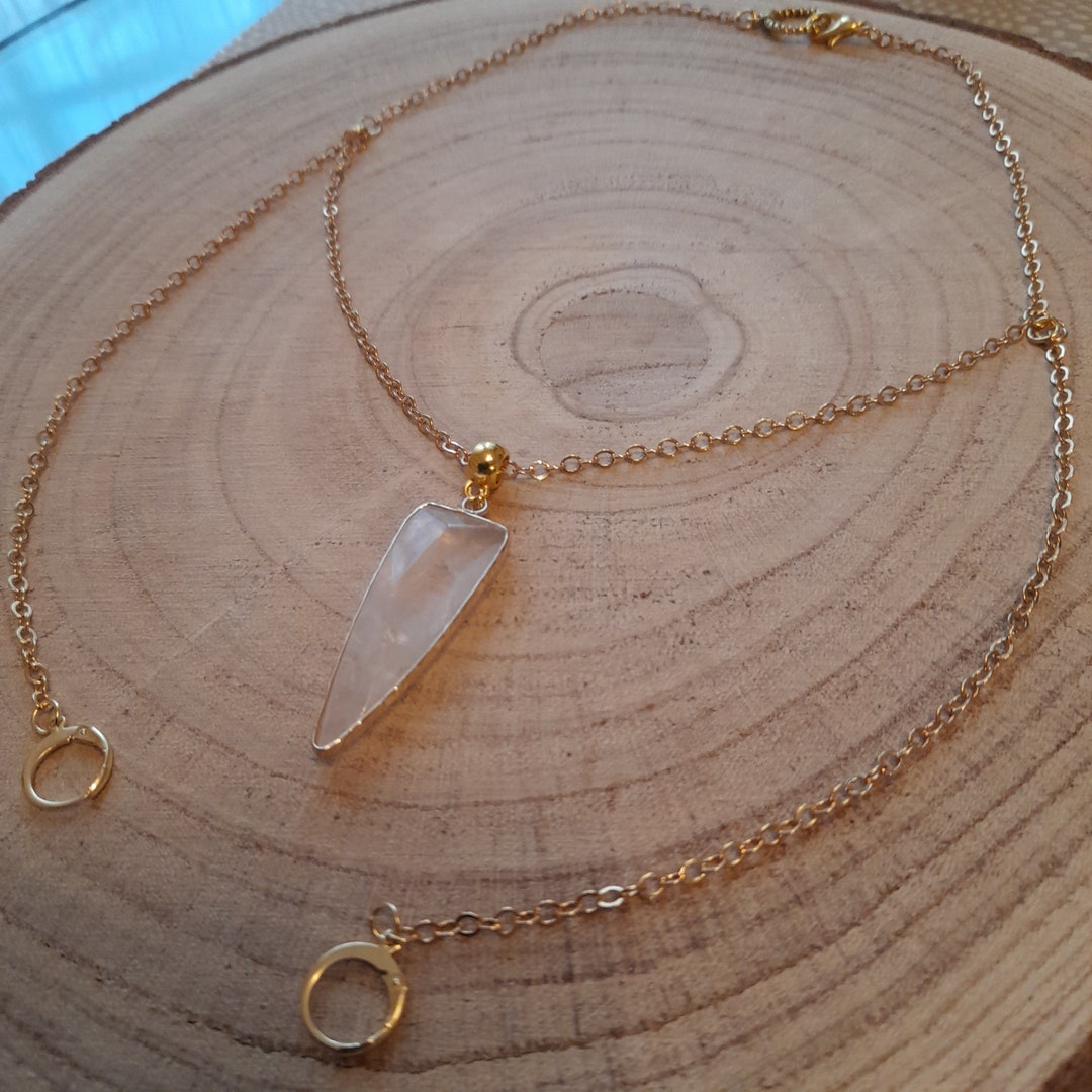 Gold Chain Loop Earplug Necklace - Large Gemstone Quartz Triangle ...