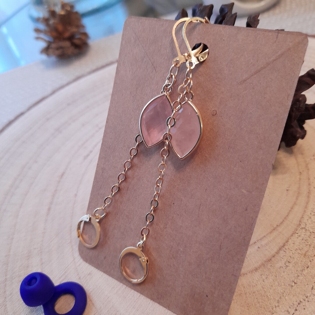 Rose Quartz Drop Loop Earplug Earrings: Gold Chain Ear Plug Safety ...