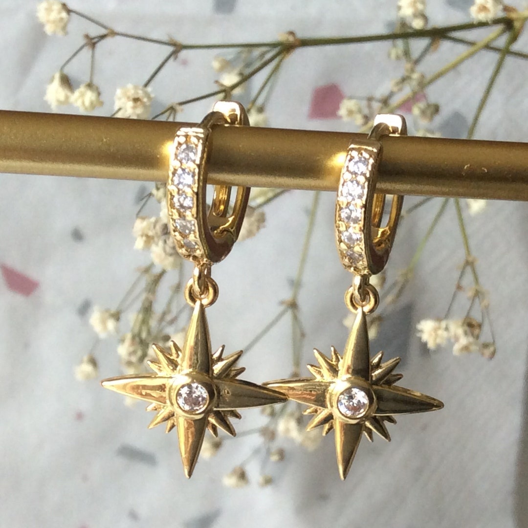 Celestial Star Huggie Hoops, Gold Star Jewellery, 18K Gold Plated ...