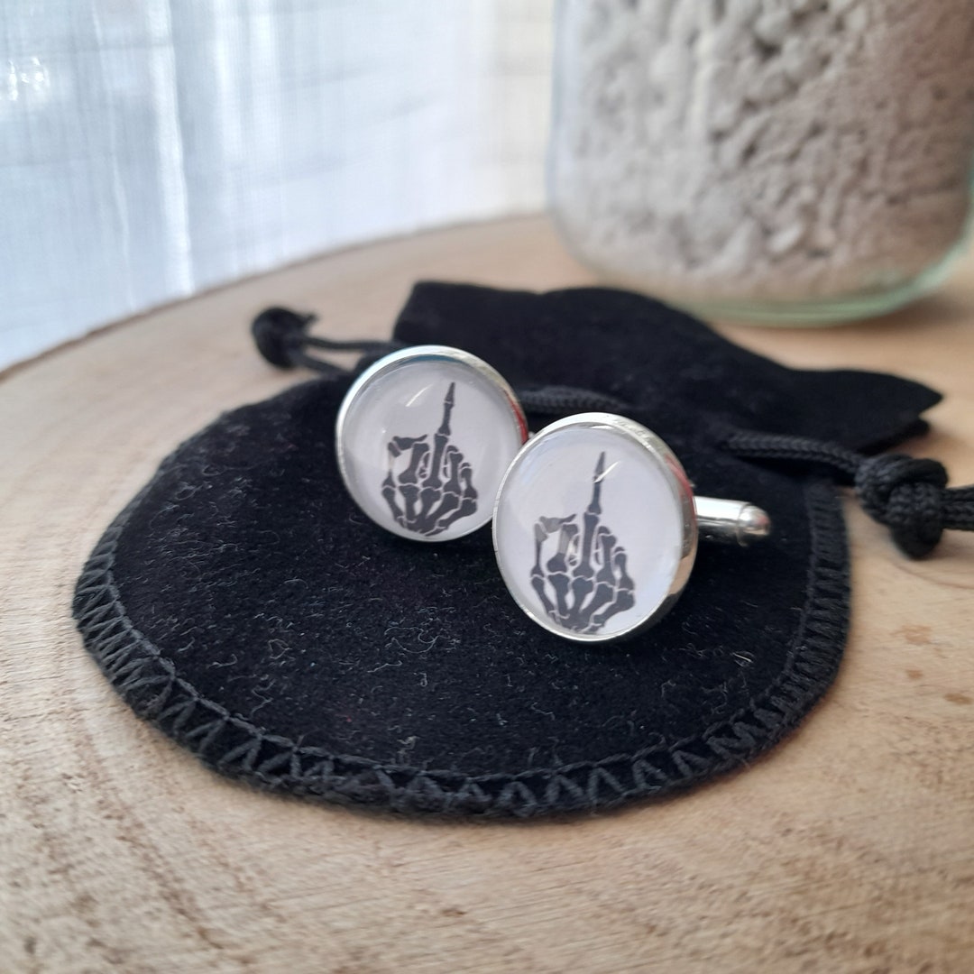 Middle Finger Skeleton Glass Image Cufflinks - Gold Bronze or Silver ...