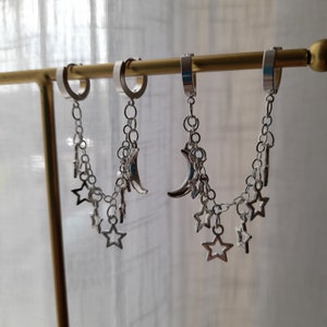 Moon and Stars Chain Linked Double Hoop Earrings, Silver Star Chain ...