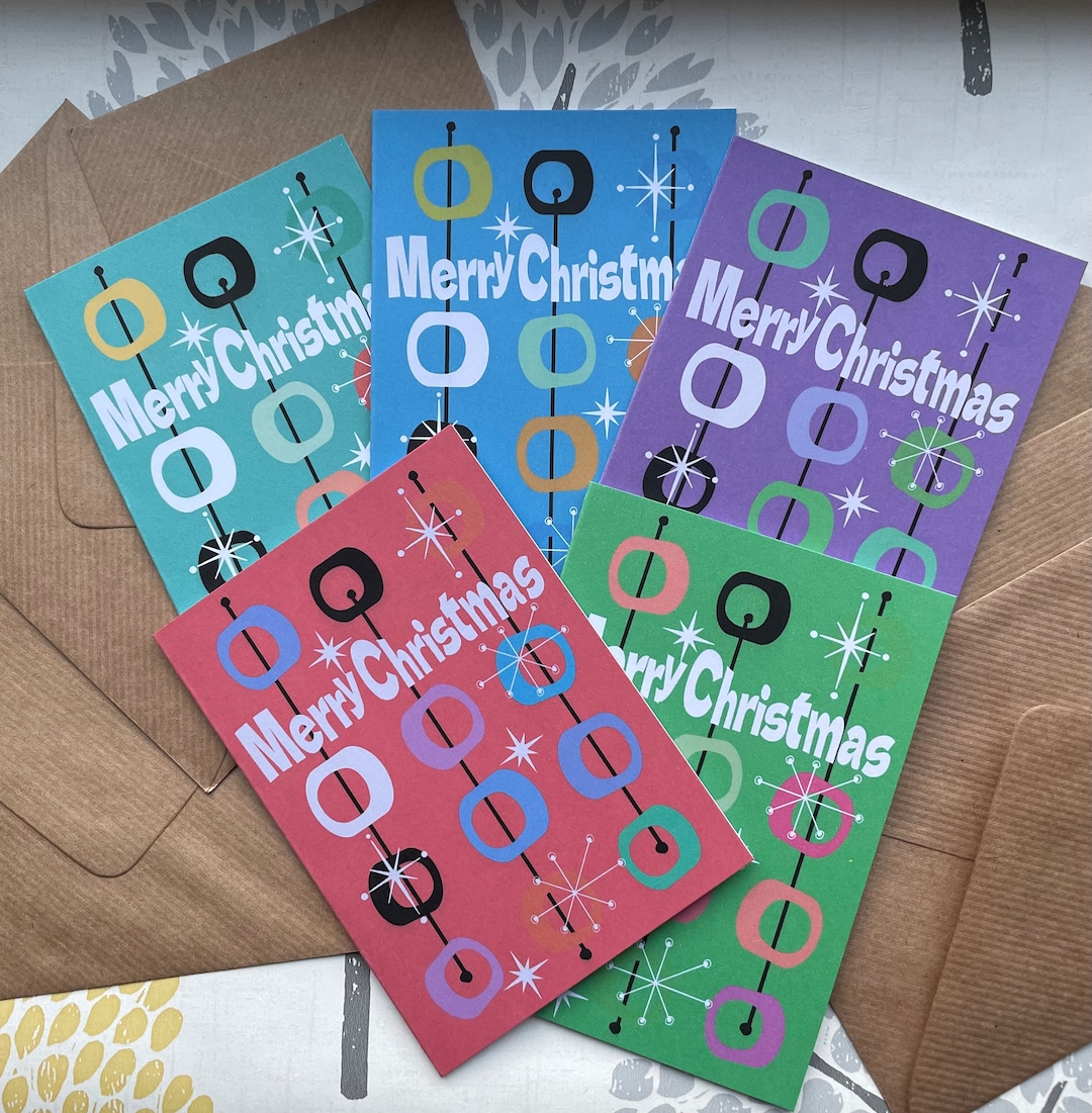 Christmas Cards, Pack of 5, Mid Century Style Christmas, Merry ...