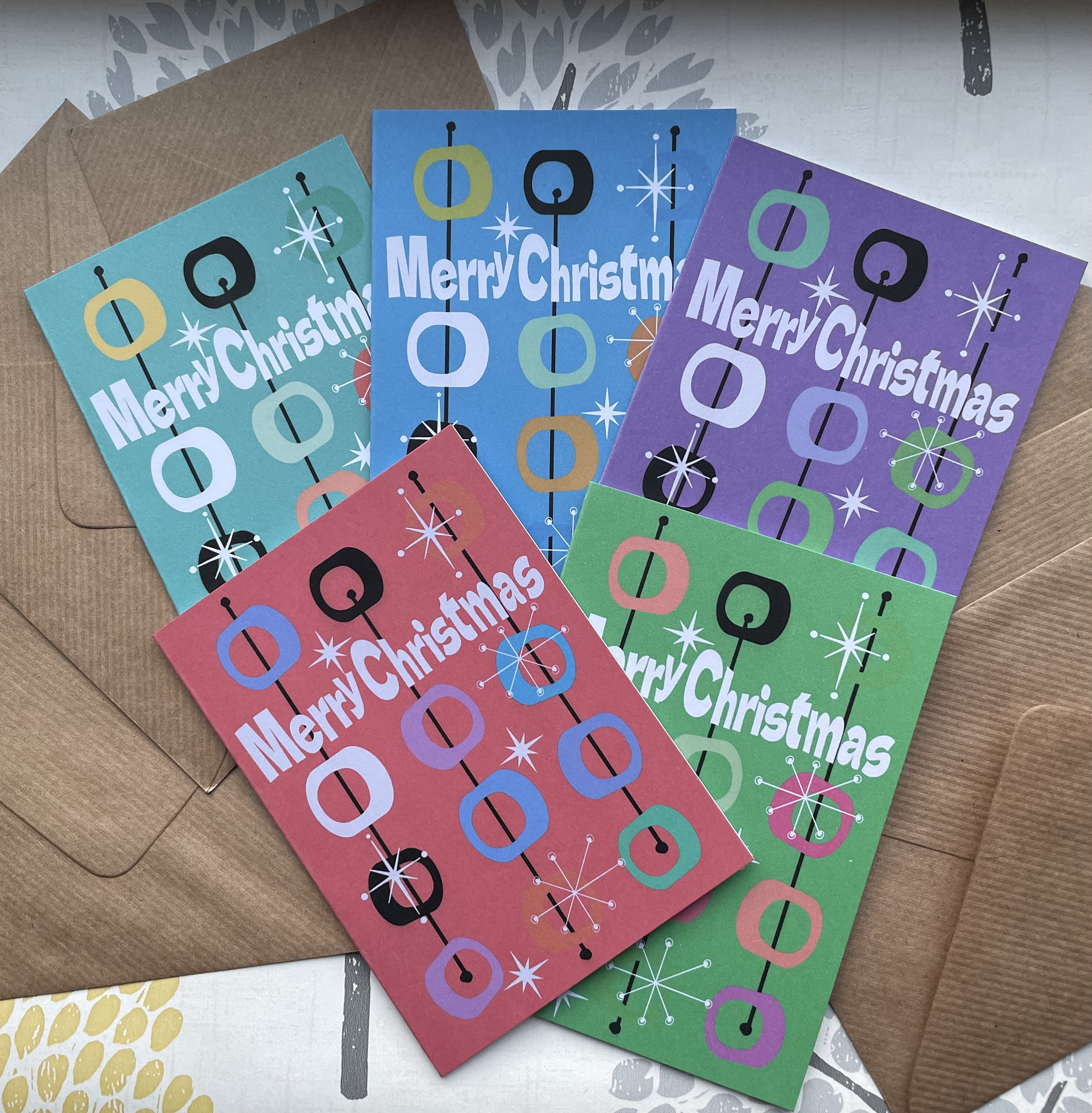 Christmas Cards, Pack of 5, Mid Century Style Christmas, Merry ...