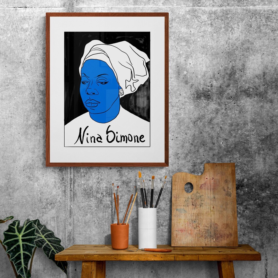 Nina Simone Art Print Jazz Poster Digital Download Line Art Woman Blue Wall Art Feminist