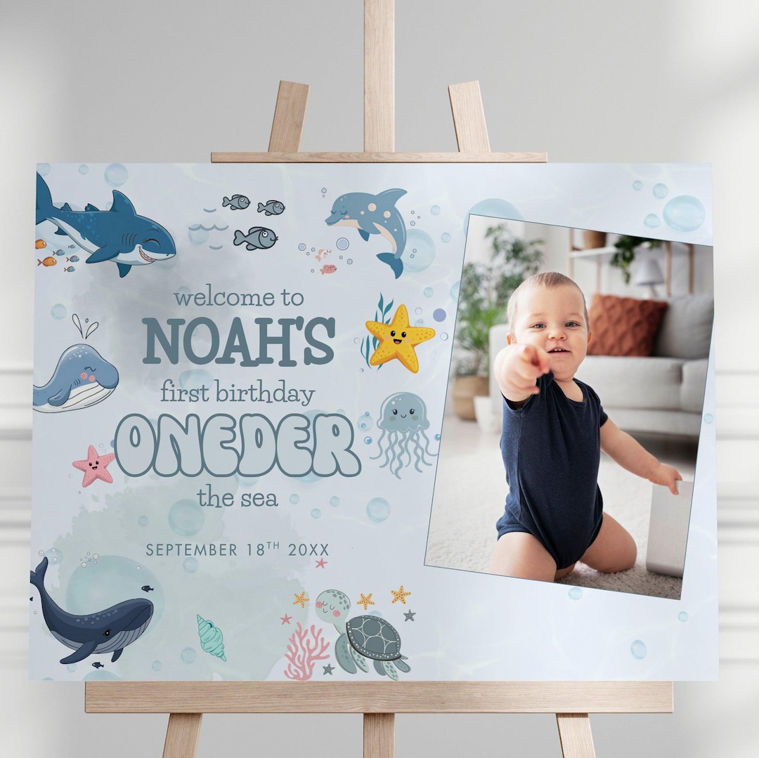 Editable Oneder the Sea Birthday Welcome Sign With Photo, Pastel Ocean ...