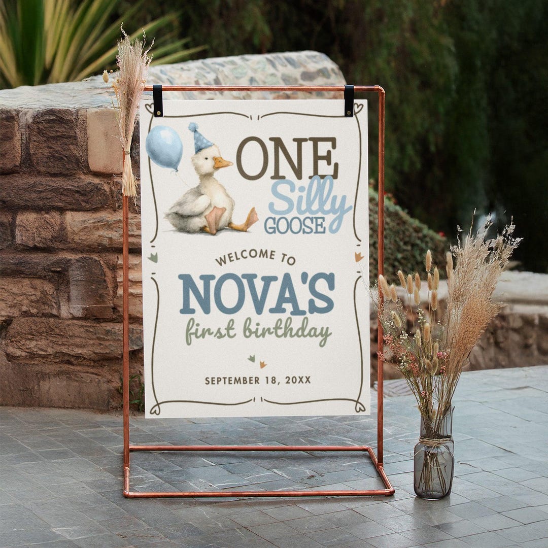 Silly Goose 1st Birthday Welcome Sign: Blue Canva Template (digital ...