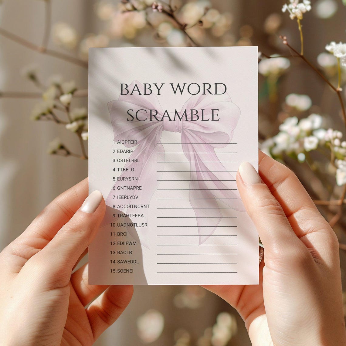 Printable Elegant Pink Bow Baby Shower Baby Word Scramble Game, Girly ...