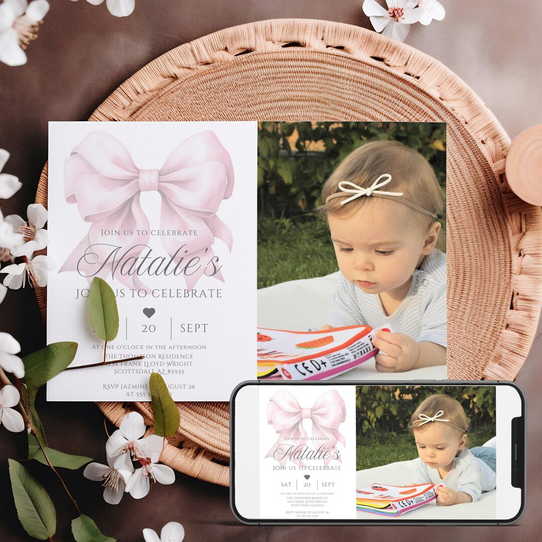 Editable Pink Bow First Year Birthday Invitation With Photo, Coquette ...