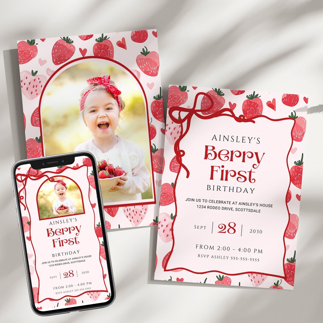 Editable Berry First 1st Birthday Invitation, Strawberry Birthday Party ...