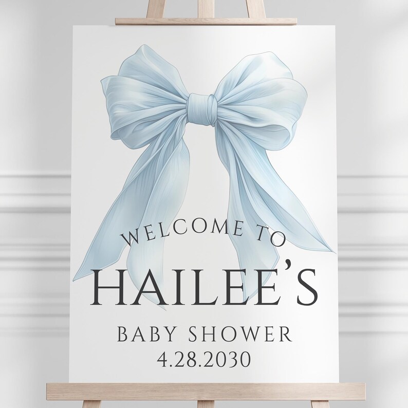 Letrero de bienvenida para baby shower con lazo azul elegante y ...