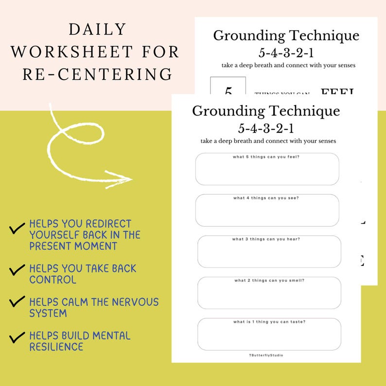 Grounding Technique Worksheet, Mindfulness Printable, 5-4-3-2-1 Poster ...