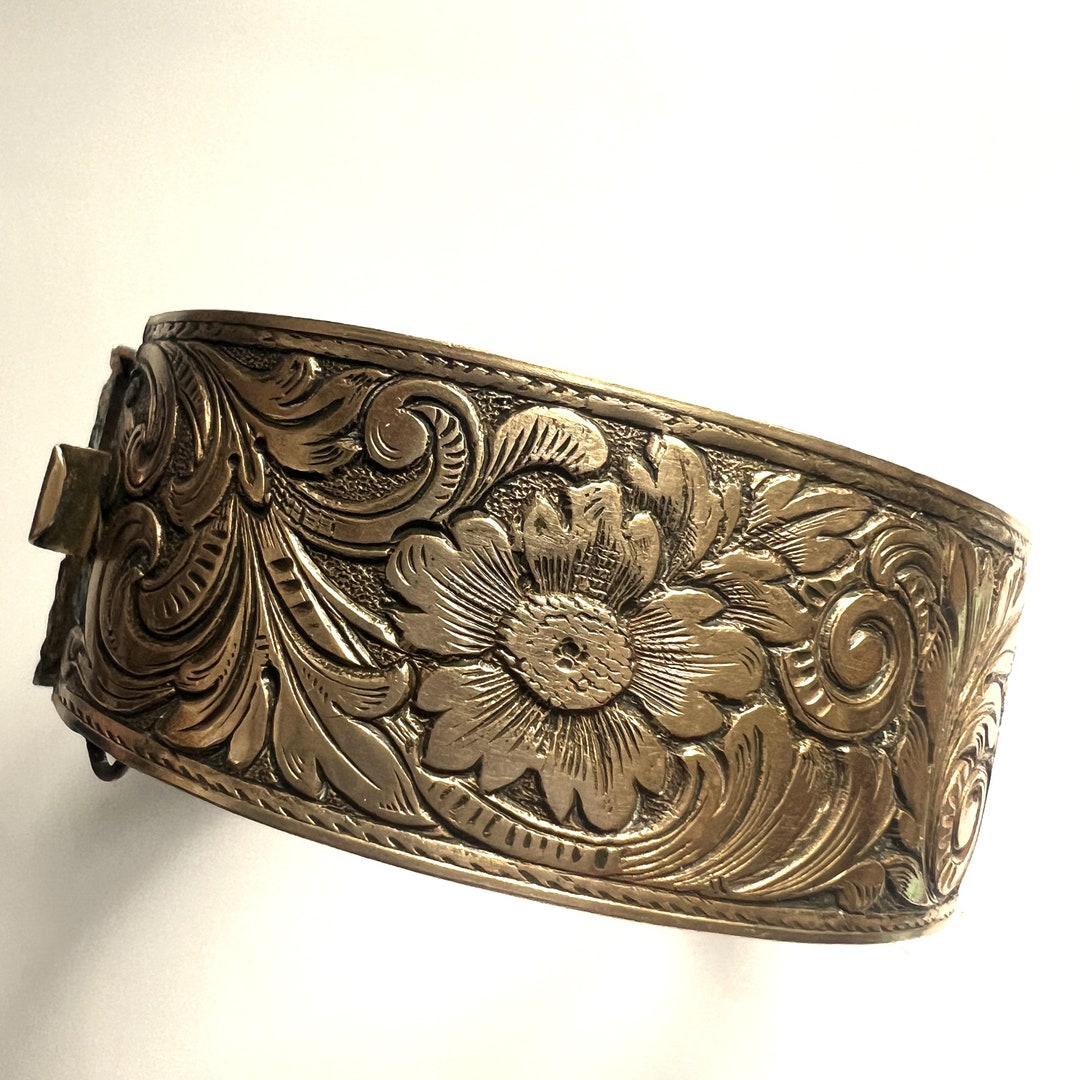 Vintage Embossed Brass Hinged Bracelet - Etsy