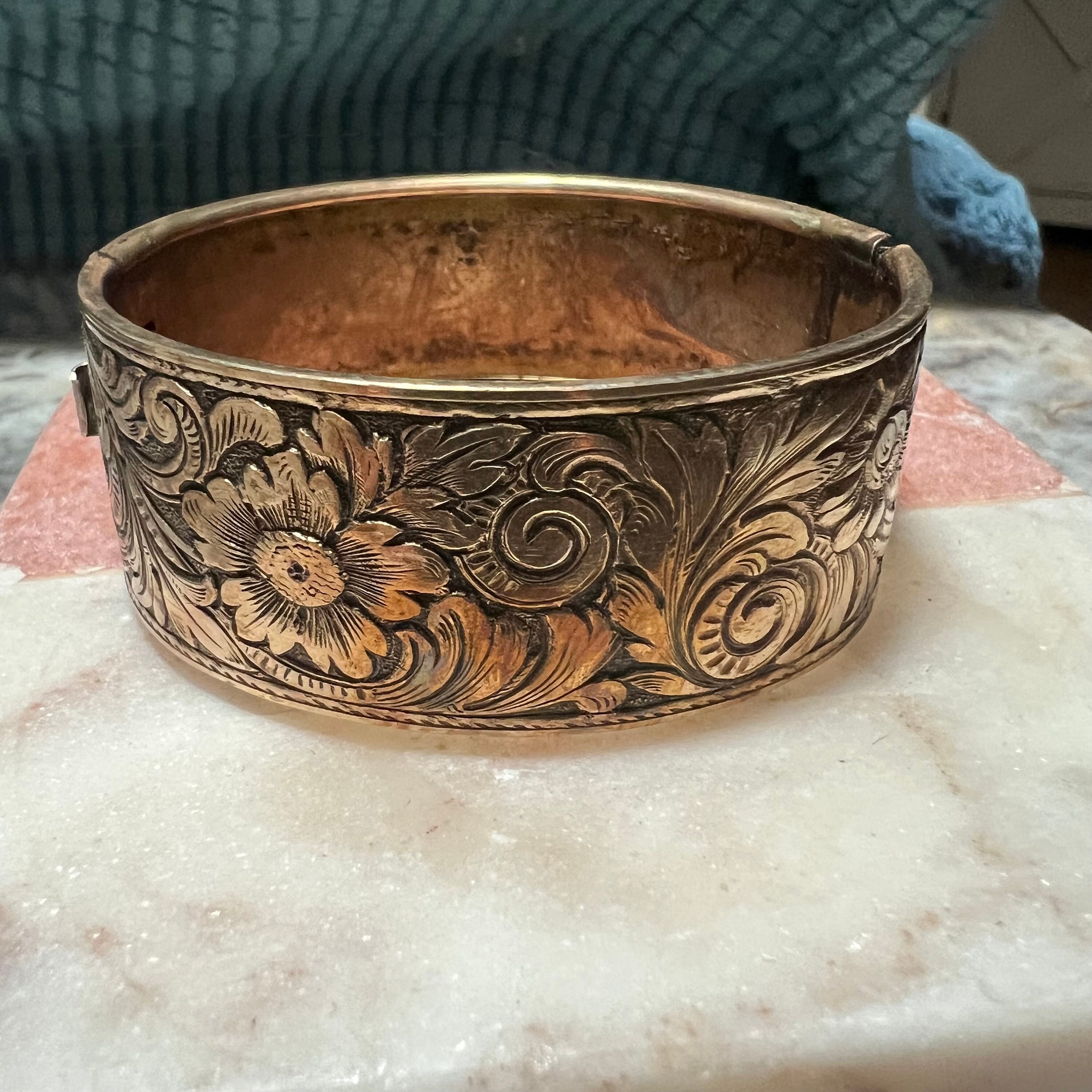 Vintage Embossed Brass Hinged Bracelet - Etsy