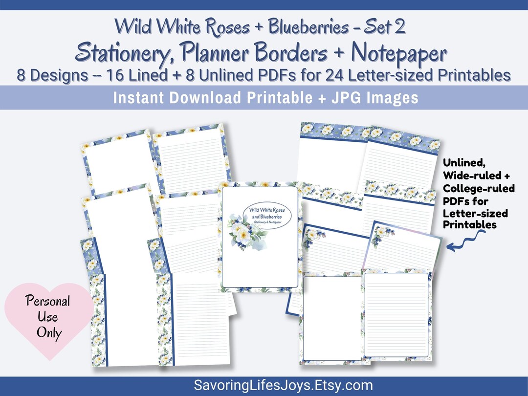 Wild White Roses + Blueberries Printable Stationery Bundle 2. Lined ...