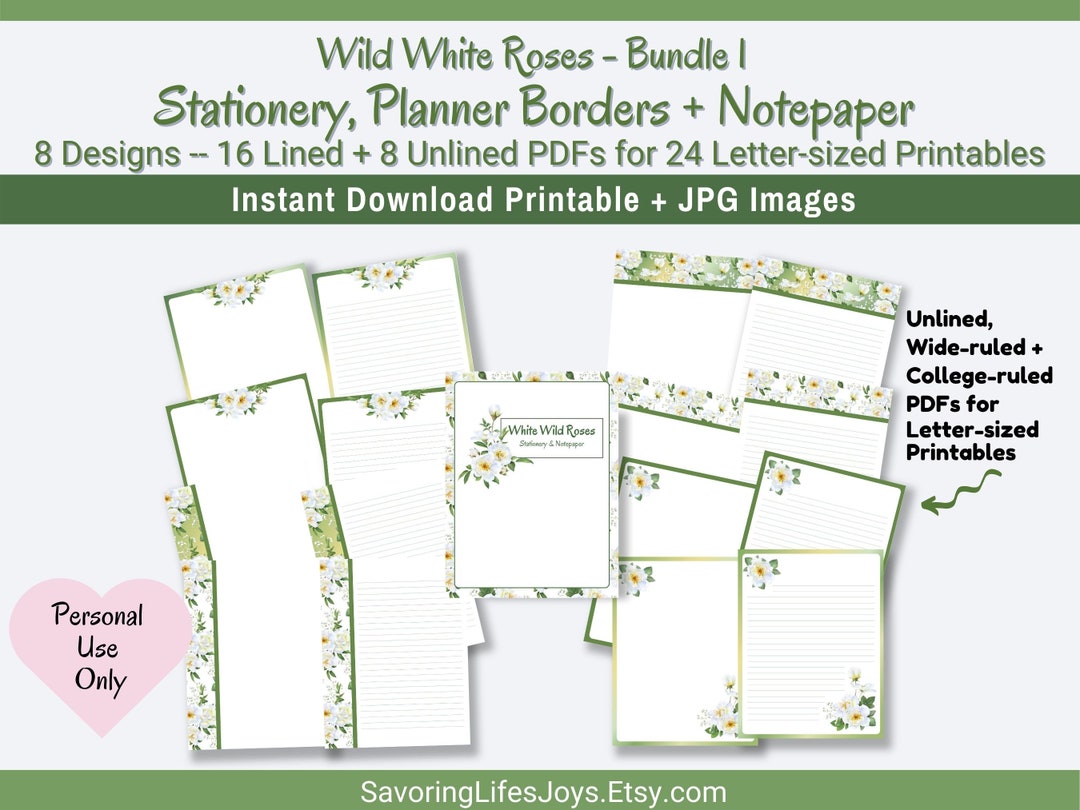 Wild White Roses Printable Stationery Bundle 1. Lined + Unlined US ...