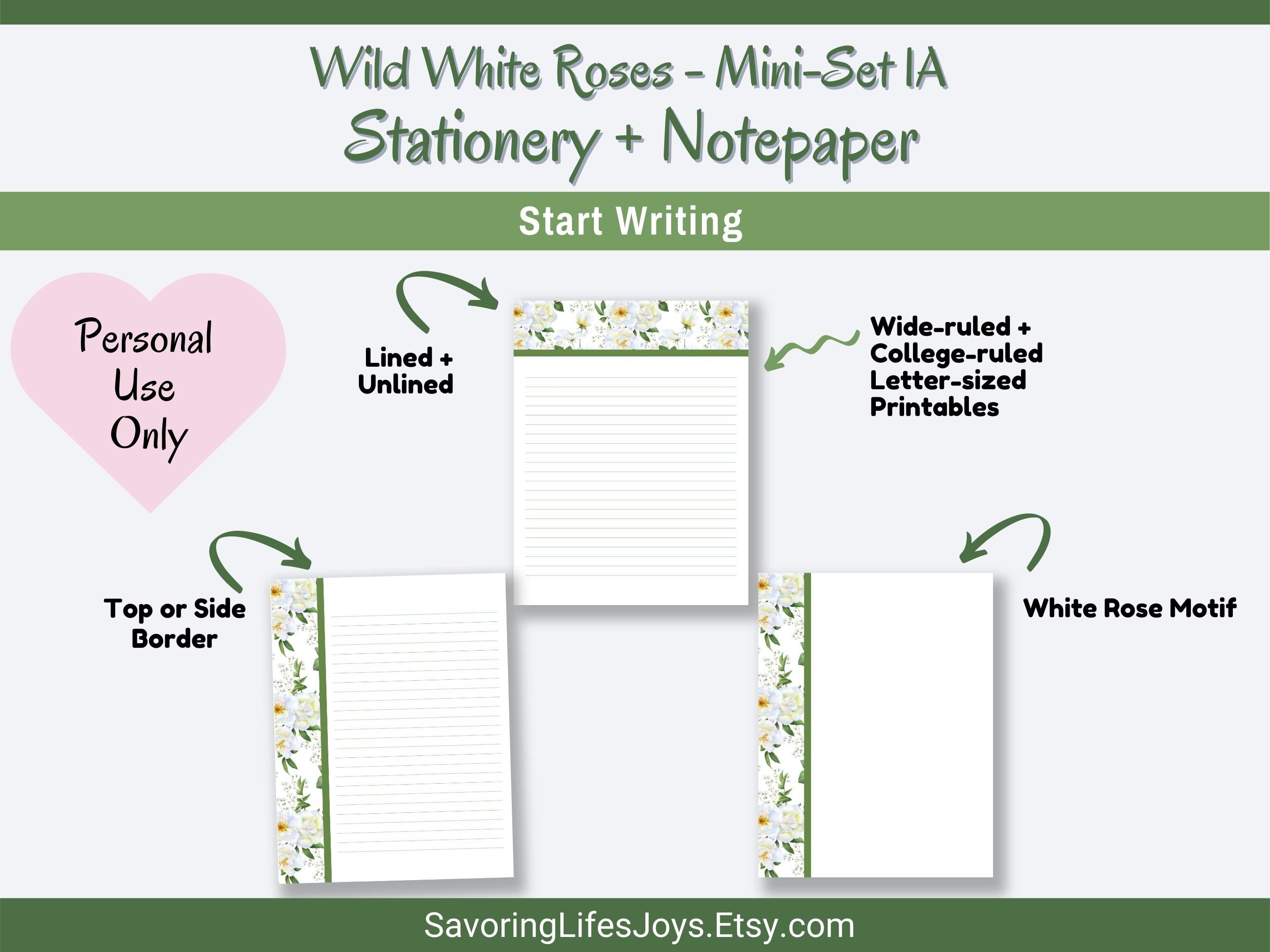 Wild White Roses Printable Stationery Mini-set 1A. Lined - Etsy