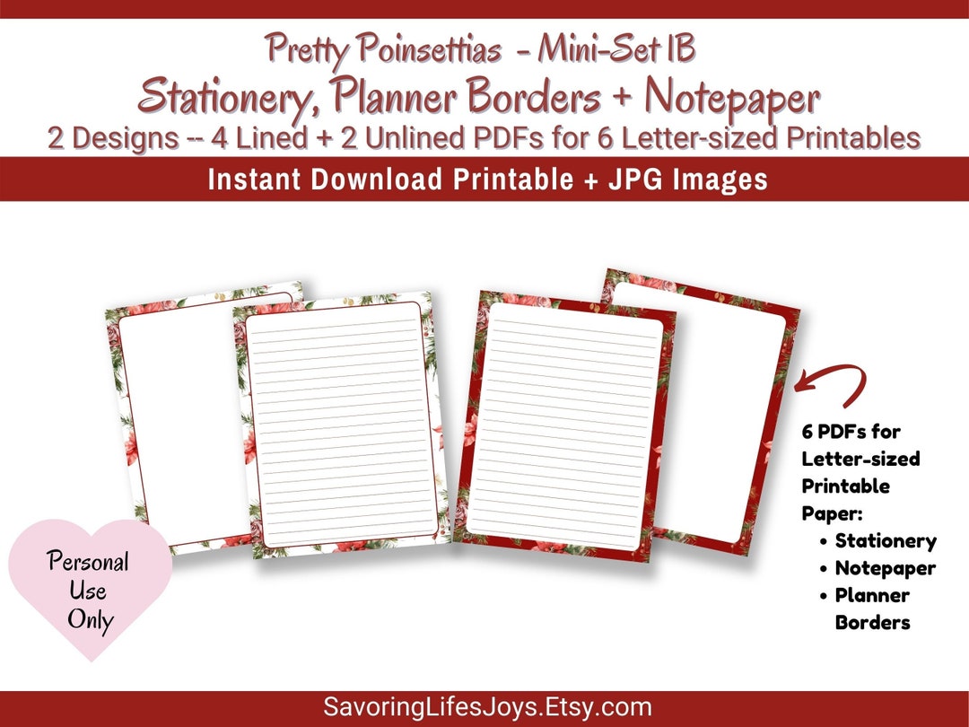 Pretty Poinsettias Printable Stationery Mini-set 1B. Lined, Unlined US ...