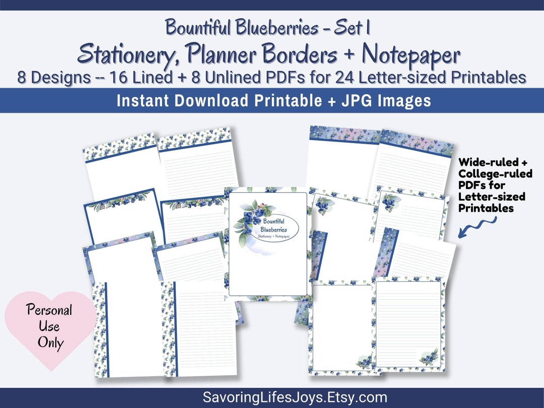 Blueberries Printable Stationery Bundle. Lined and Unlined US Letter ...