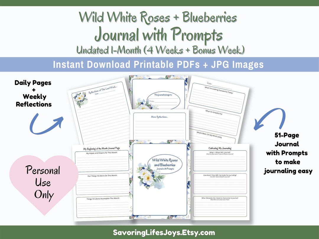 Wild White Roses + Blueberries Printable Journal With Prompts. 1-month ...