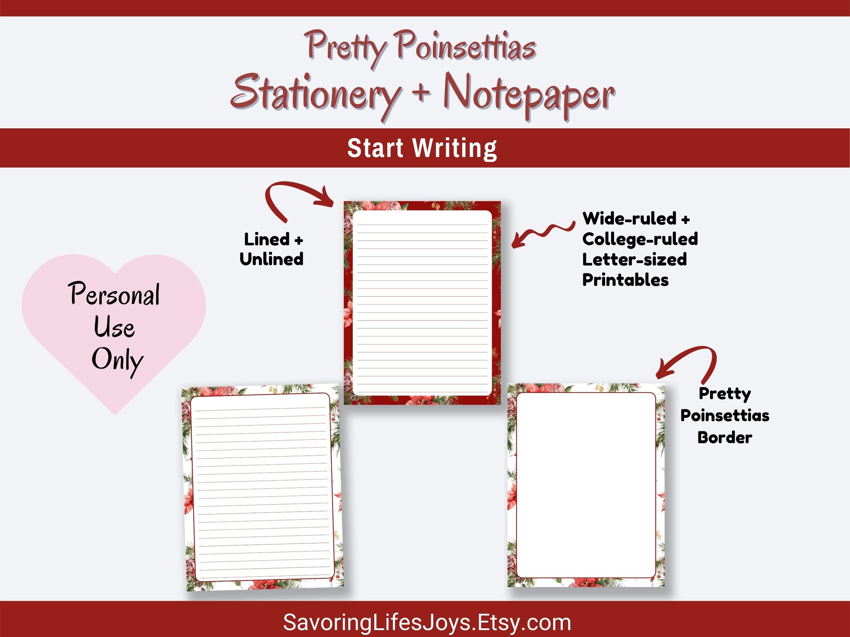 Pretty Poinsettias Printable Stationery Mini-set 1B. Lined, Unlined US ...
