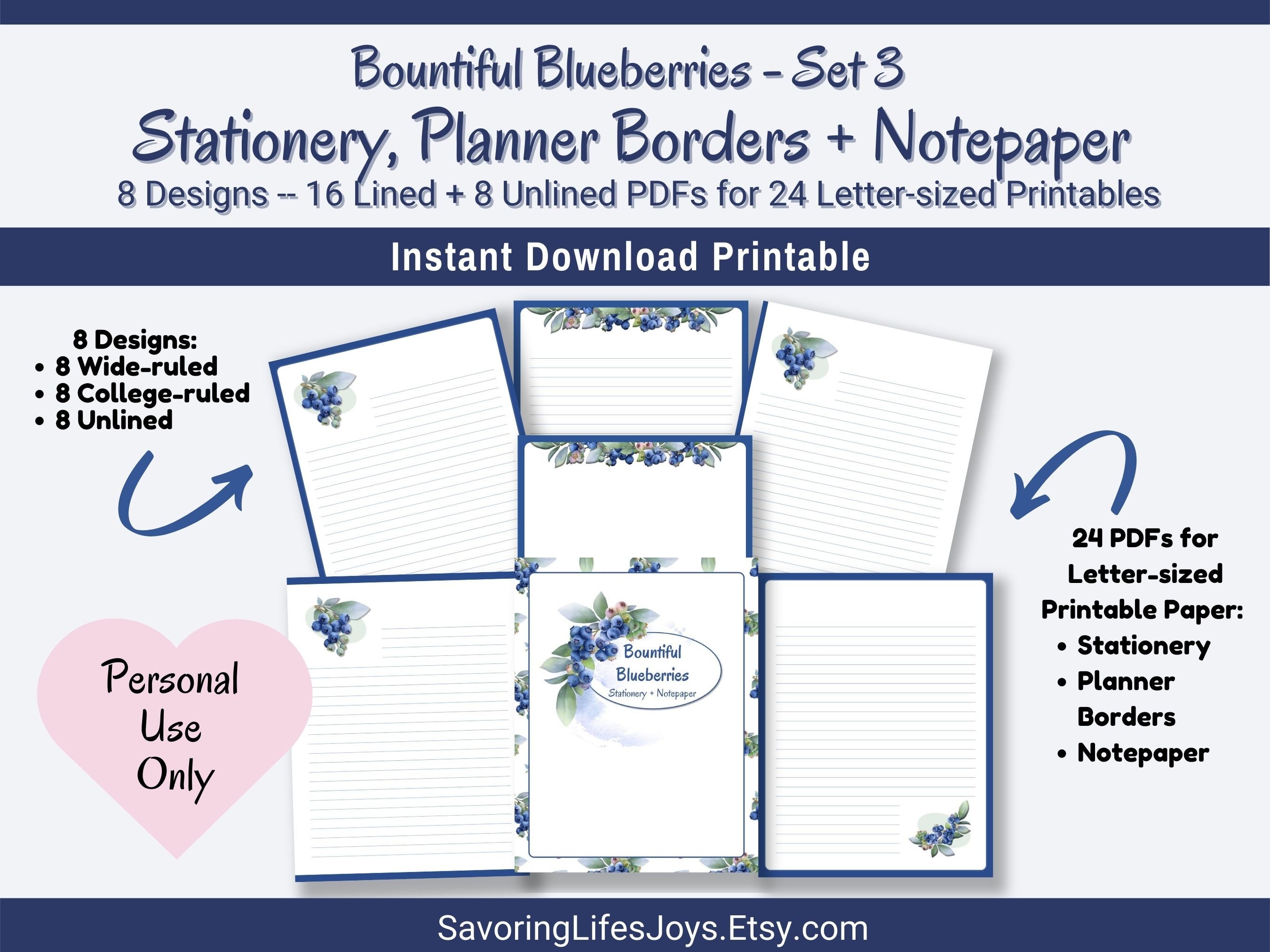 Blueberries Printable Stationery Bundle Set 3. Lined and Unlined US ...