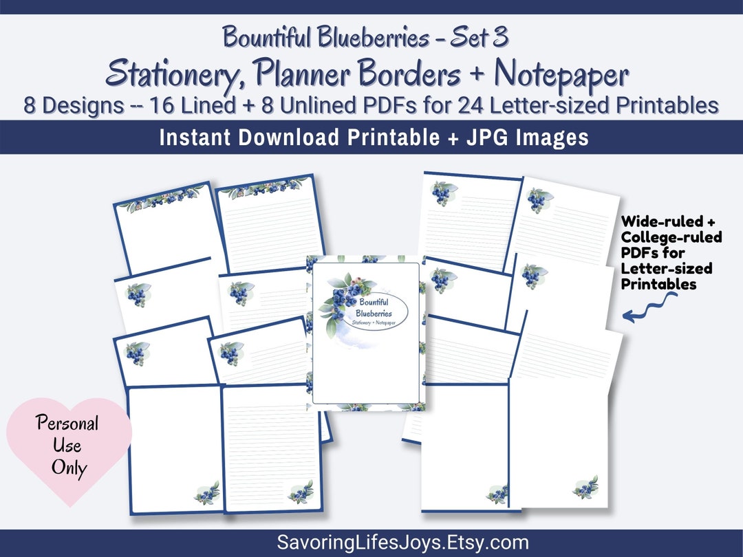 Blueberries Printable Stationery Bundle Set 3. Lined and Unlined US ...