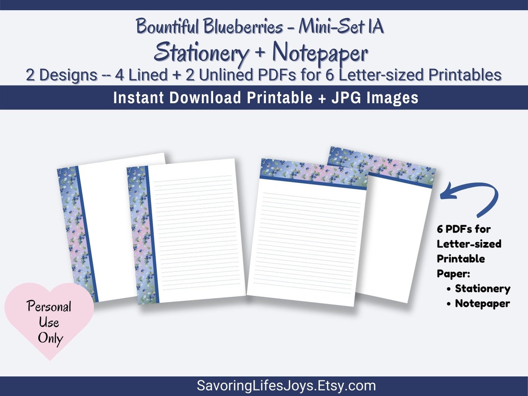 Blueberries Printable Stationery Mini-set 1A. Lined and Unlined US ...