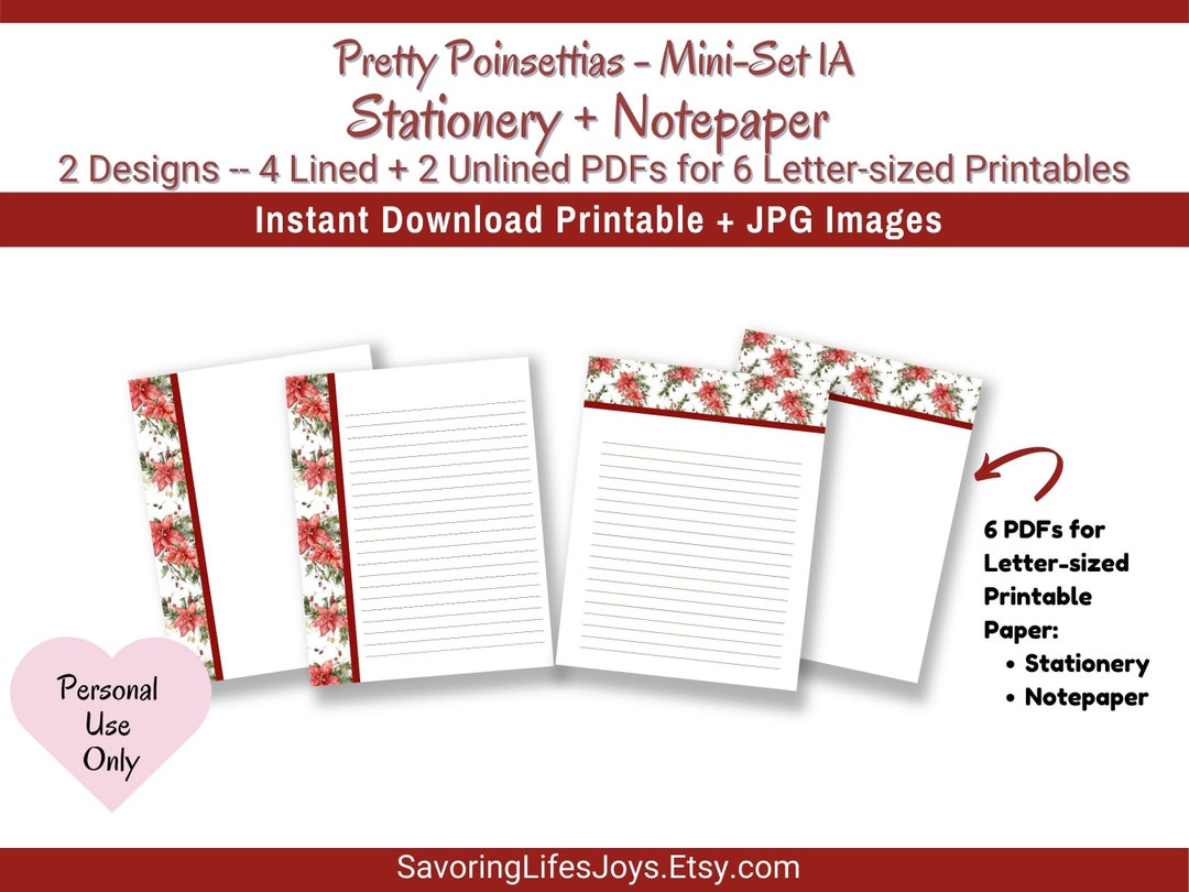 Pretty Poinsettias Printable Stationery Mini-set 1A. Lined + Unlined US ...