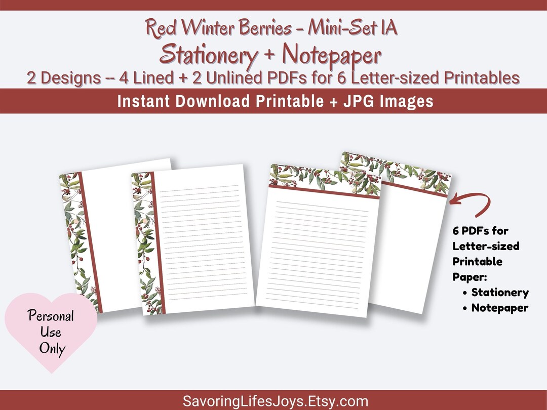 Red Winter Berries Printable Stationery Mini-set 1A. Lined + Unlined US ...