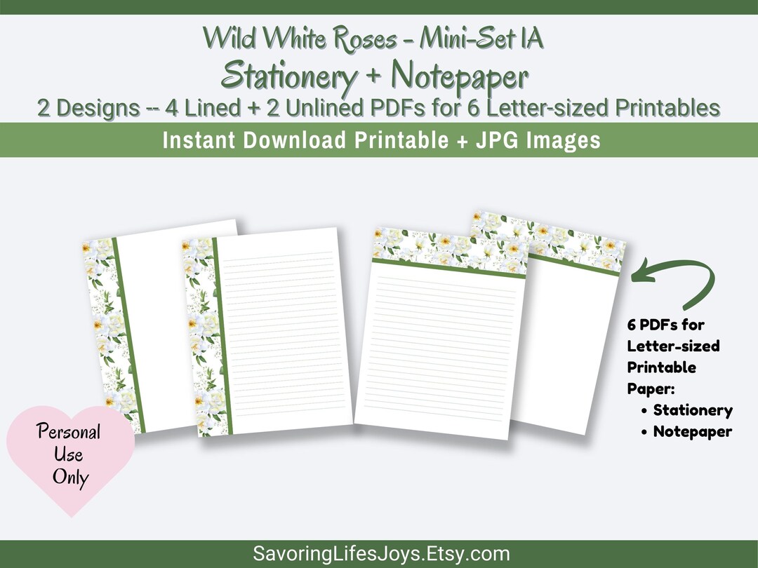 Wild White Roses Printable Stationery Mini-set 1A. Lined + Unlined US ...