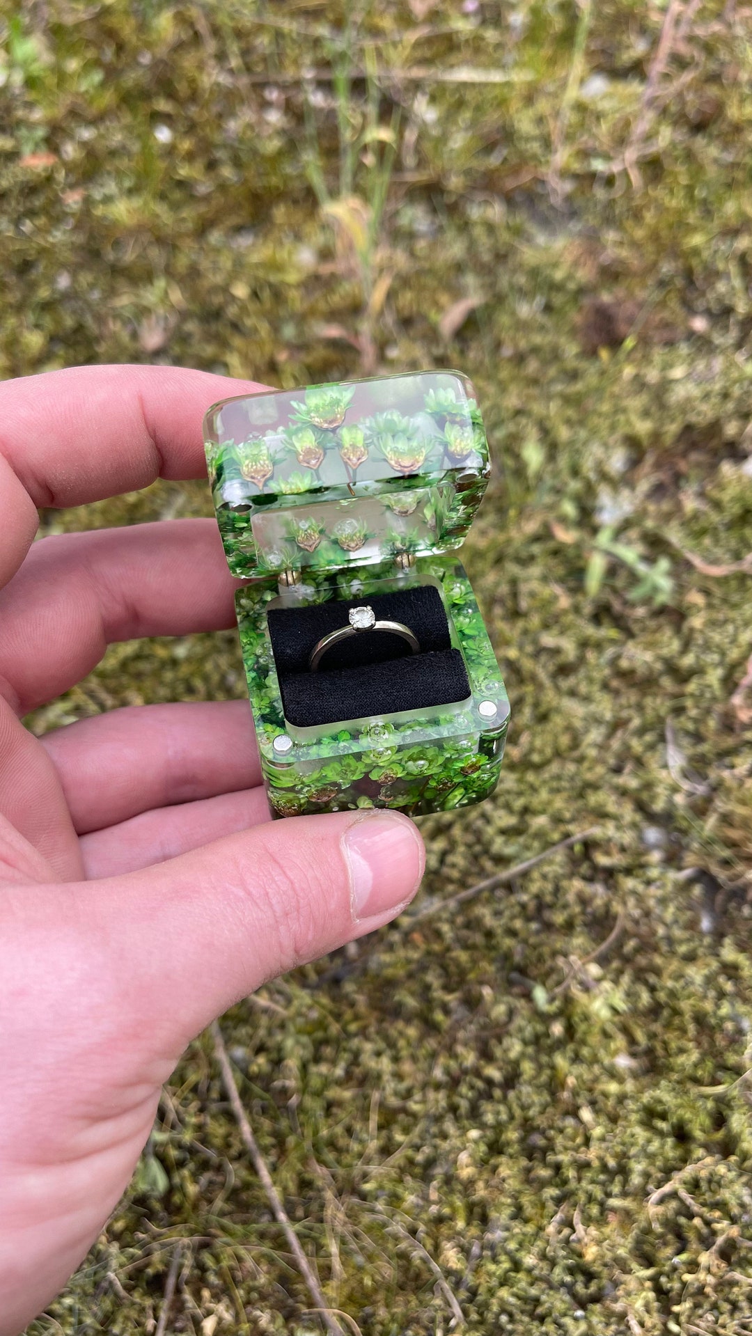 Proposal Ring Box, Green Floral Epoxy Resin Case, Small Engagement Ring ...