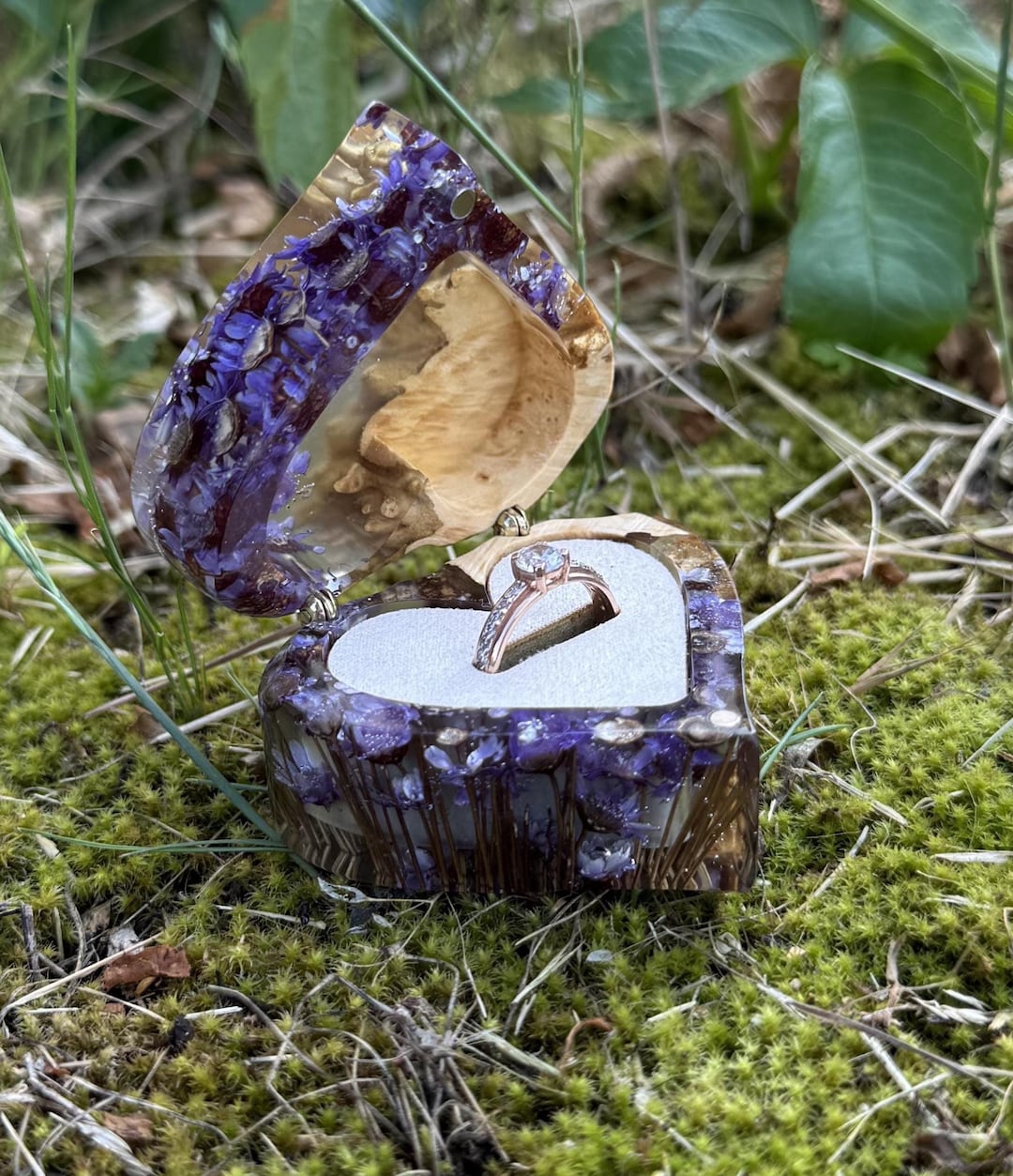 Heart Wild Flower Engagement Ring Box, Nature Proposal Box, Purple ...