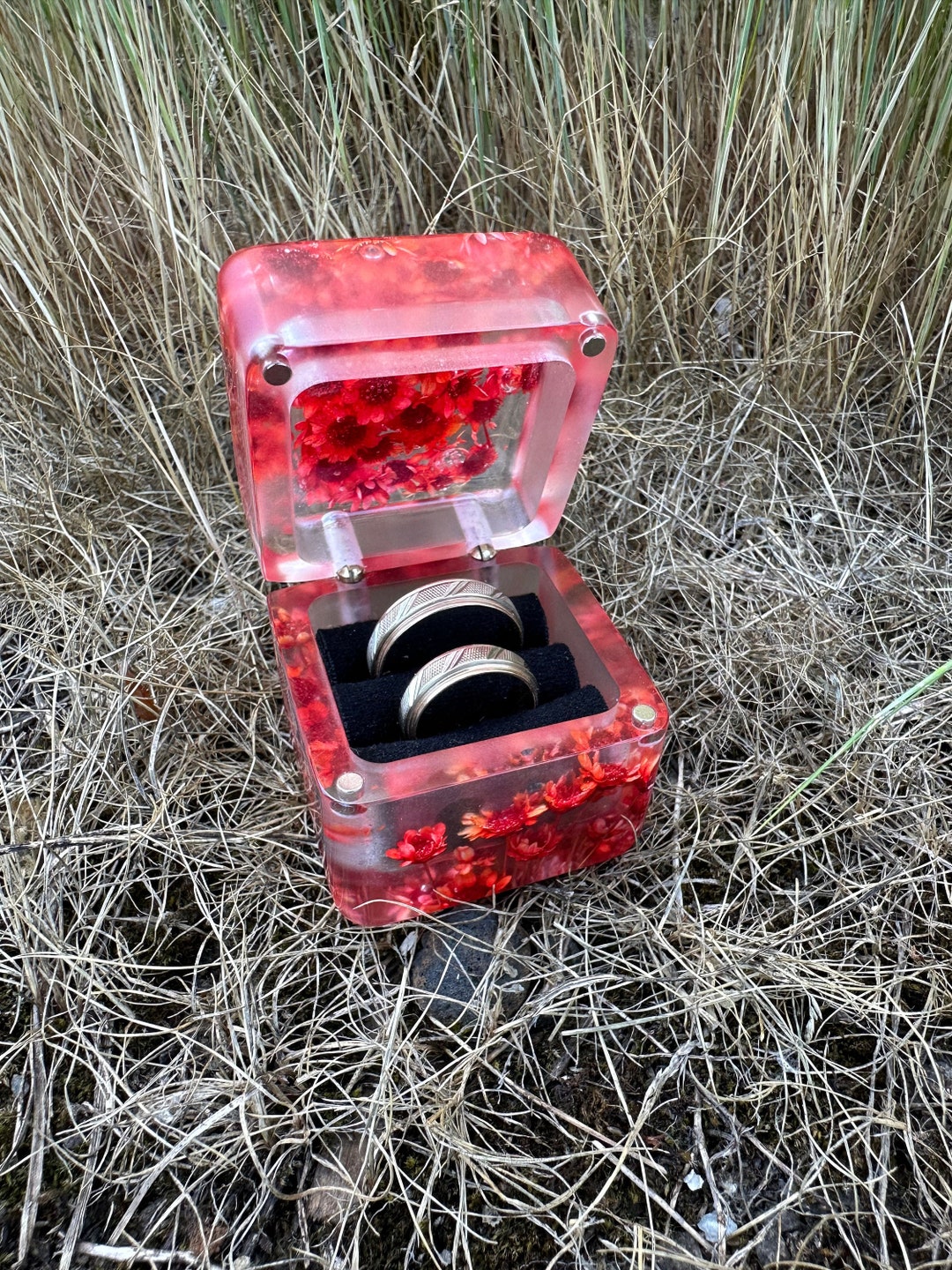 Red Epoxy Ring Box, Ceremony Ring Holder, Floral Wedding Ring Box ...