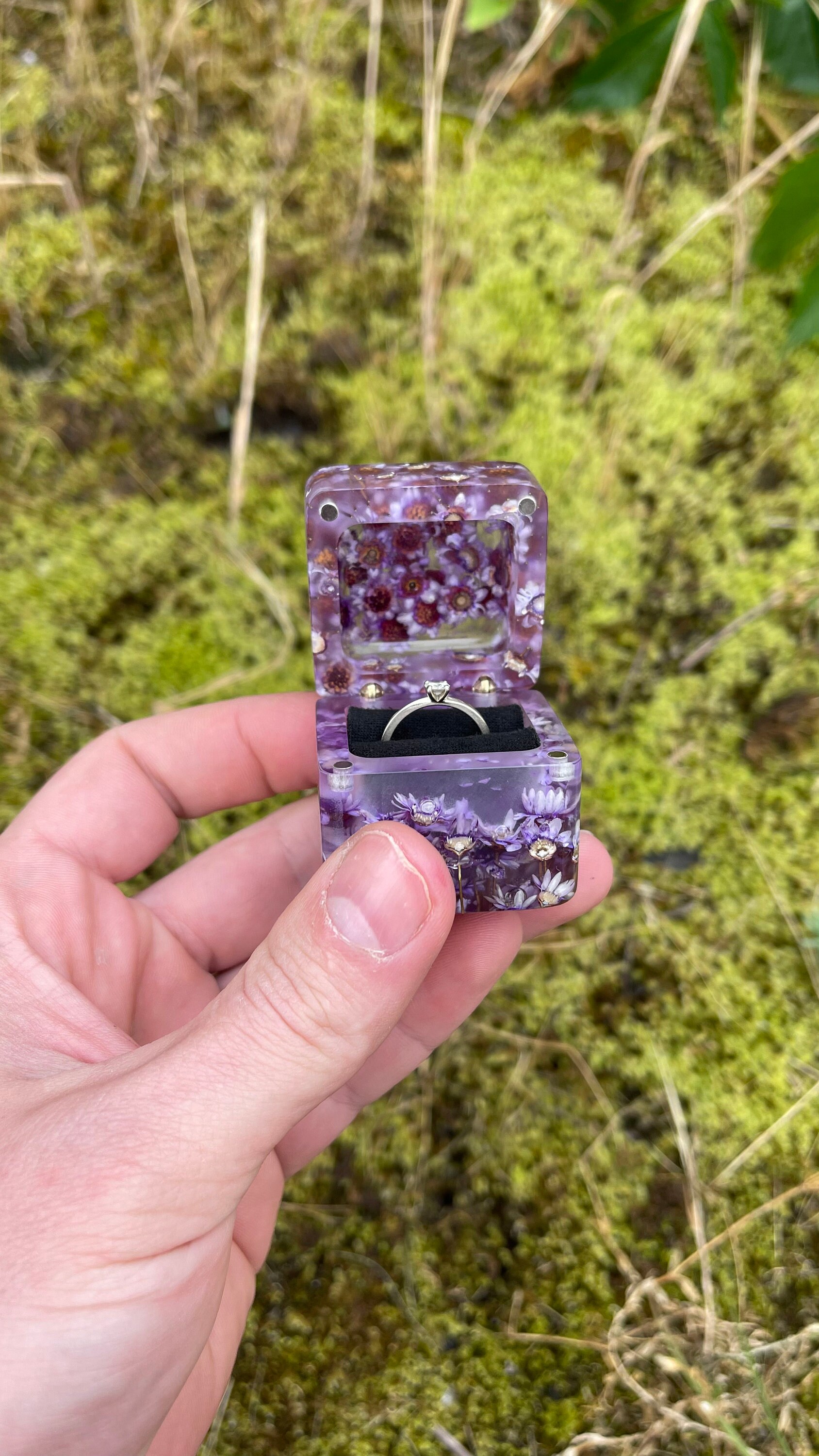 Purple Flowers Art Epoxy Engagement Bridal Ring Box, Proposal Ring Box ...