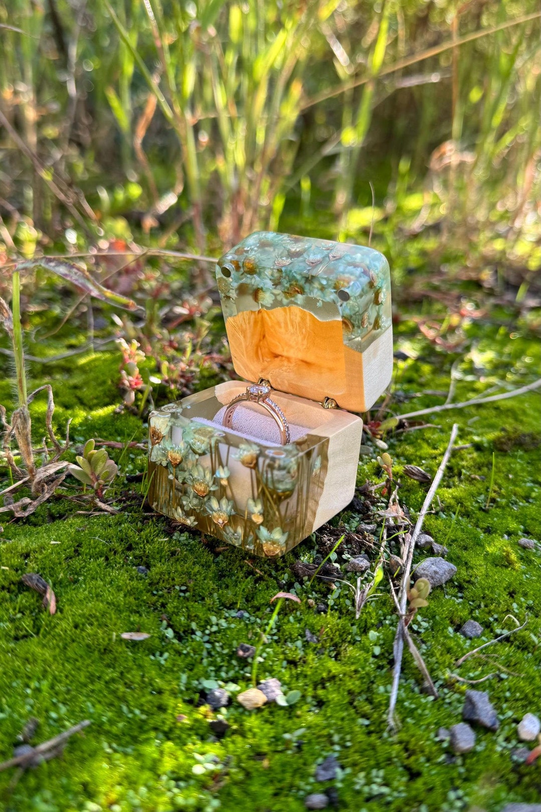 Floral Wedding Ring Box, Proposal Rustic Wooden Box, Light Blue Art ...