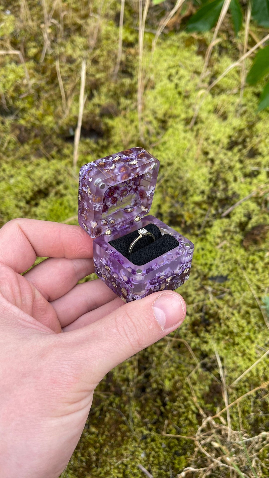 Purple Flowers Art Epoxy Engagement Bridal Ring Box, Proposal Ring Box ...