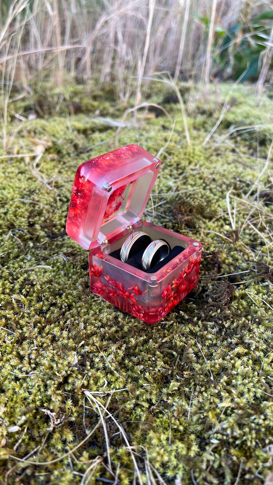 Unique Wedding Ring Box, Clear Wedding Box With Red Flowers, Custom ...