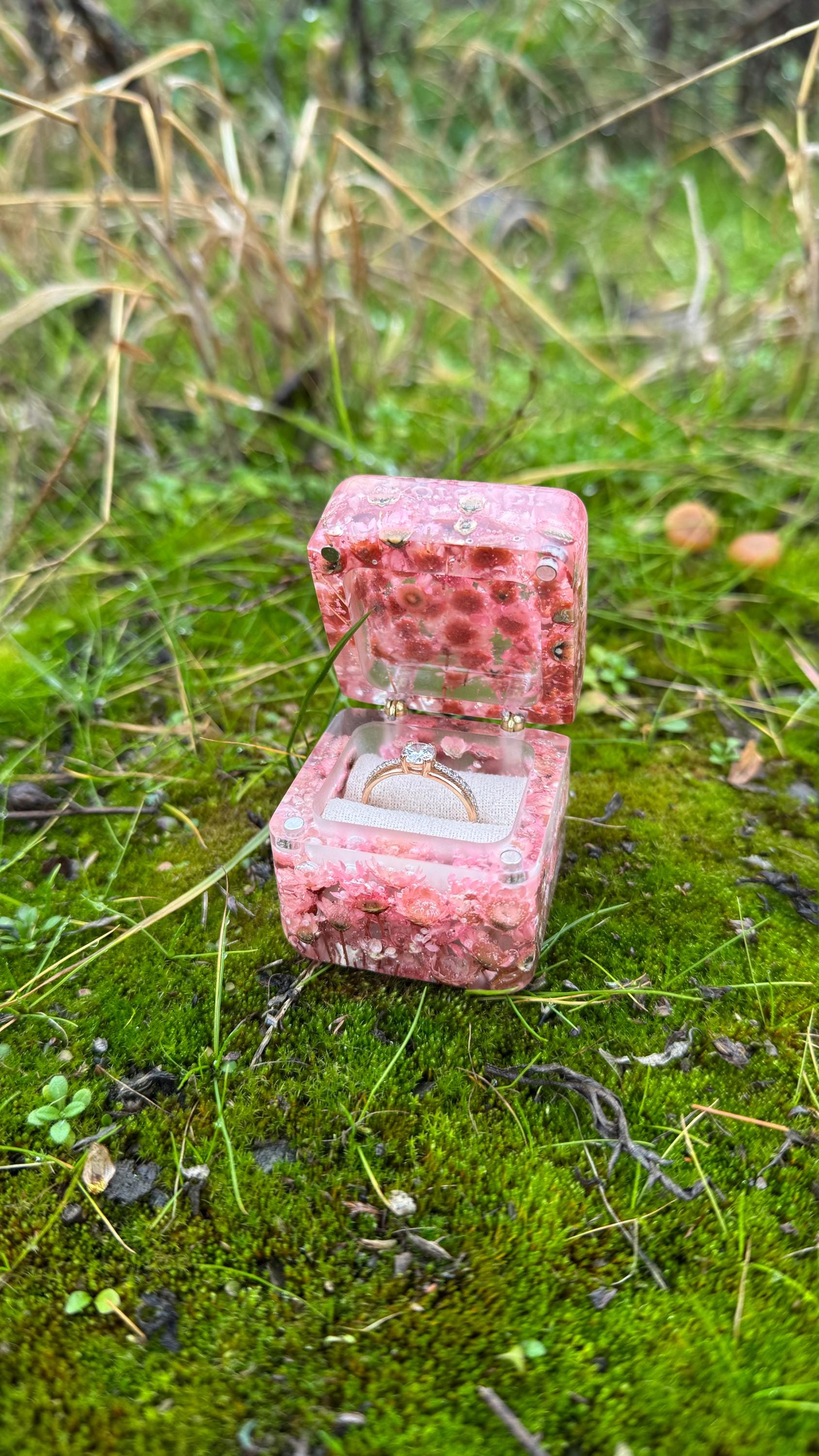Pink Flower Single Ring Box, Engagement Ring Box, Epoxy Wedding Ring ...