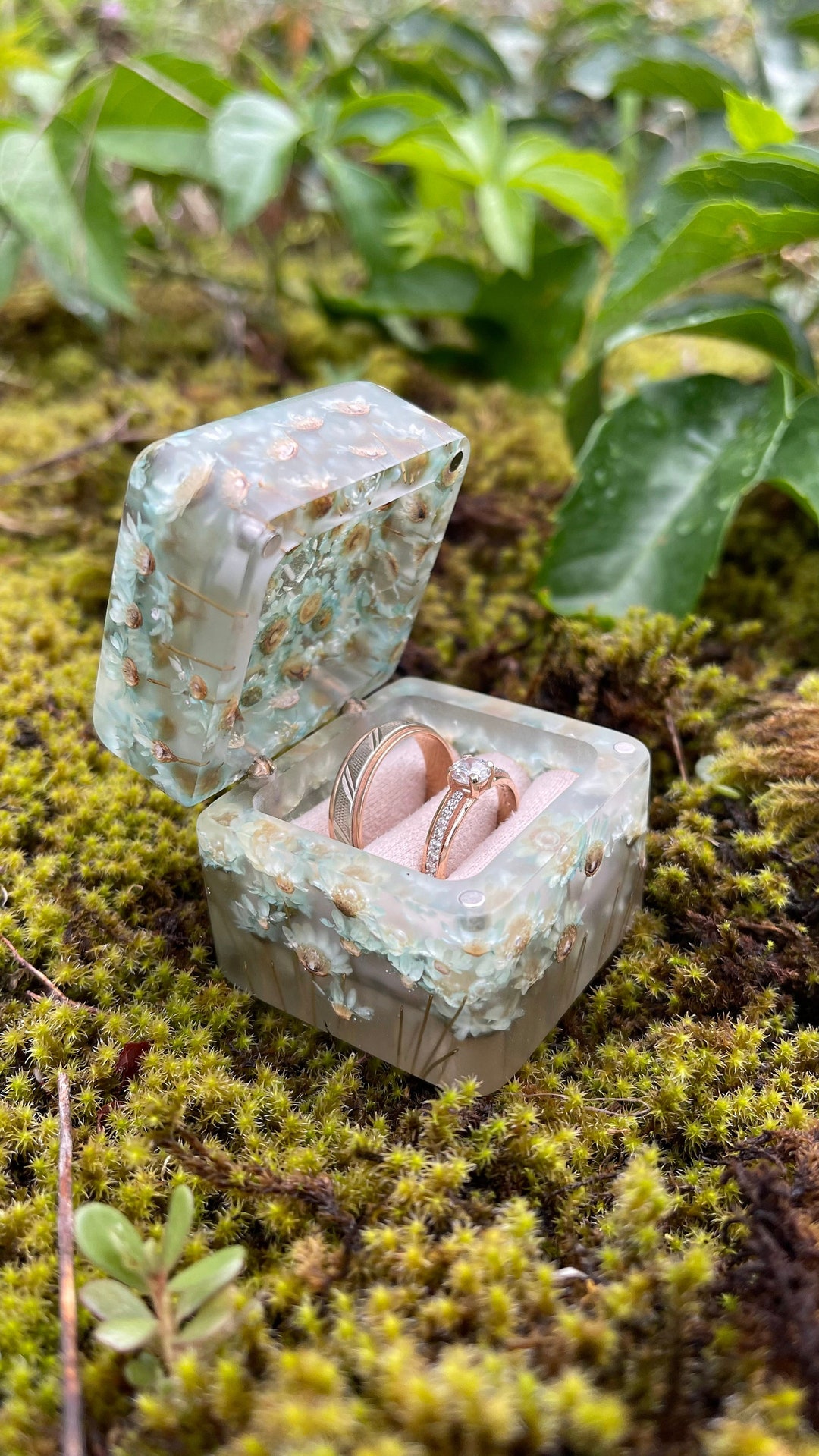 Light Blue Epoxy Wedding Ring Box With Flower, Bridal Ring Box, Wedding ...