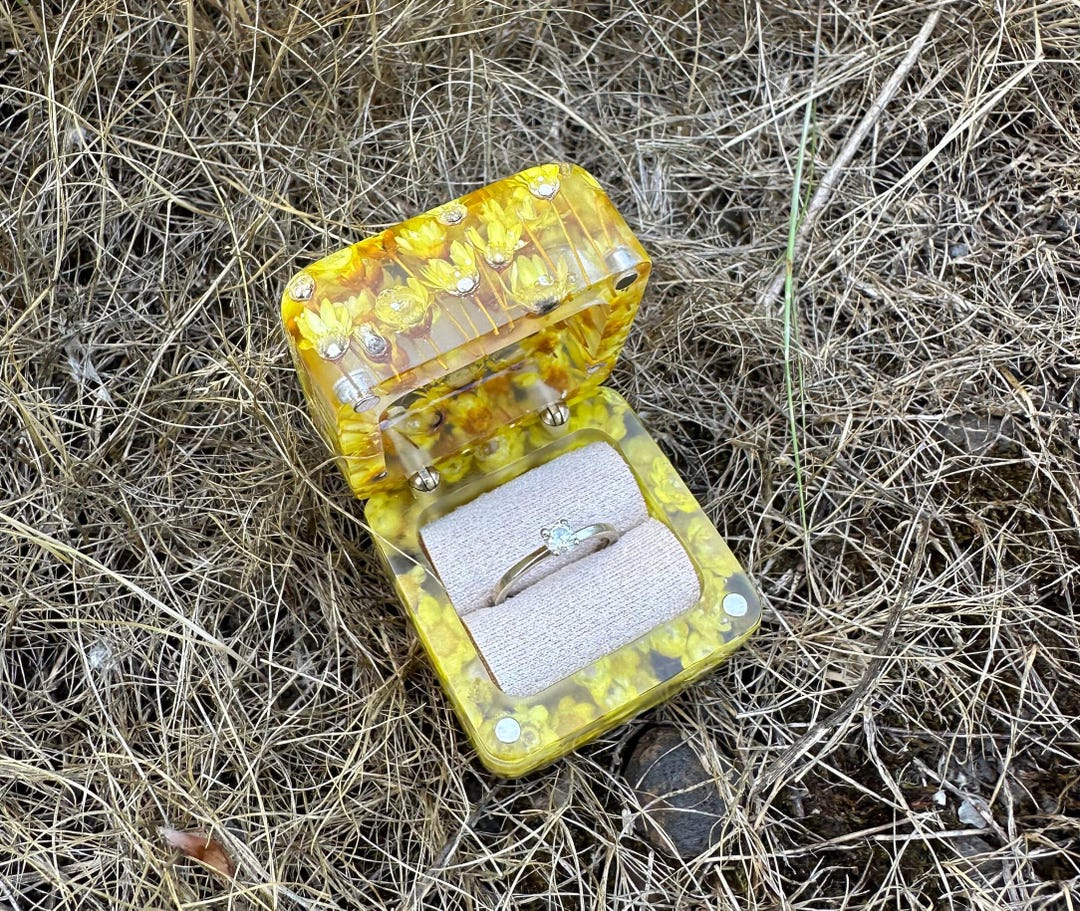 Wildflower Resin Proposal Ring Box, Pressed Yellow Floral Engagement ...