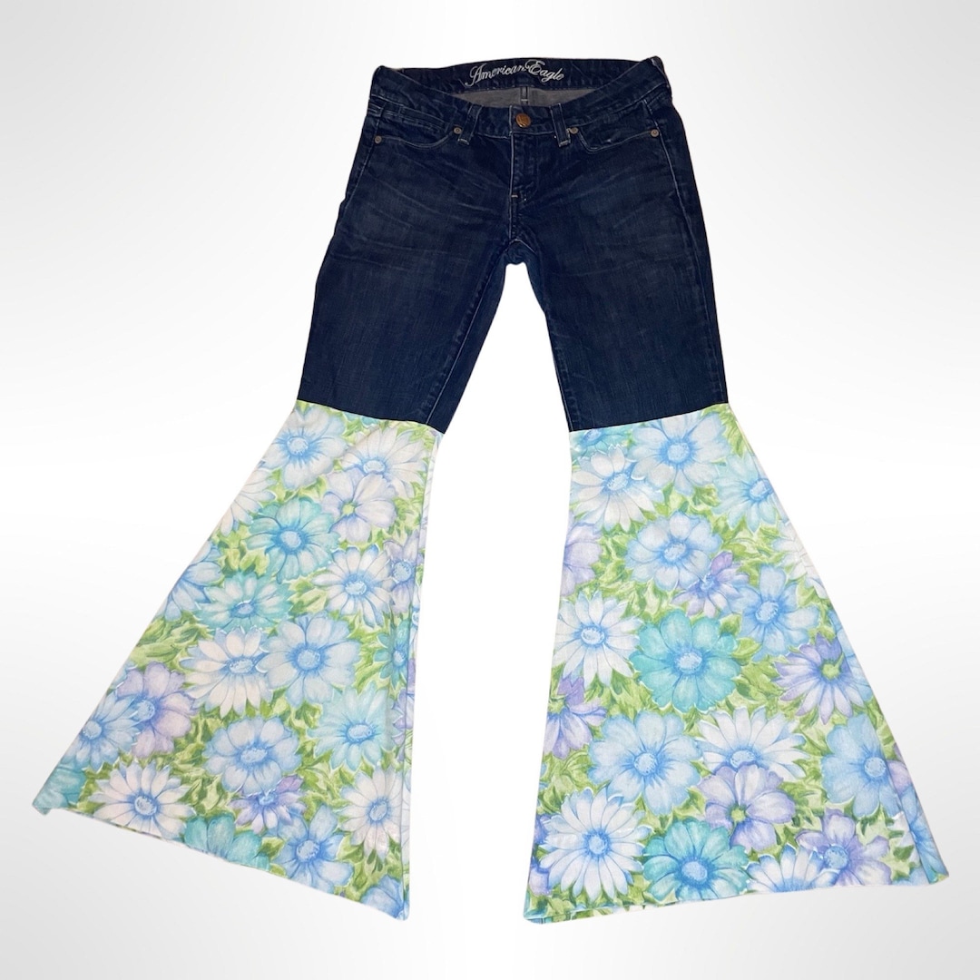 Reworked Floral Bell Bottoms, Floral Sheet Bell Bottom Jeans, Vintage ...