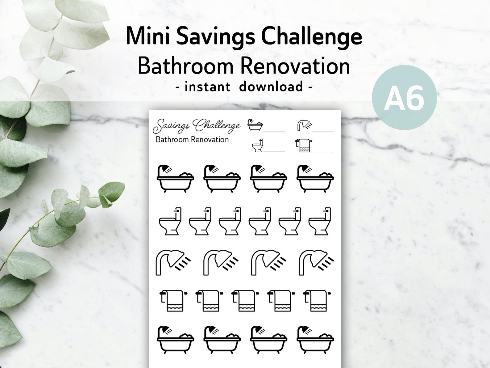 Bathroom Renovation Savings Challenge A6 | Printable Mini Money Tracker ...