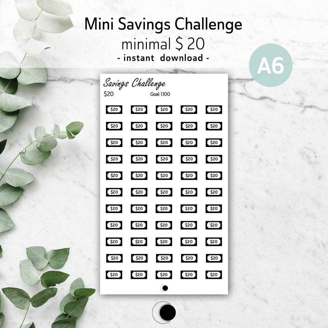 Minimal 20 Dollar Mini Savings Challenge A6 | Cute Minimalistic Money ...