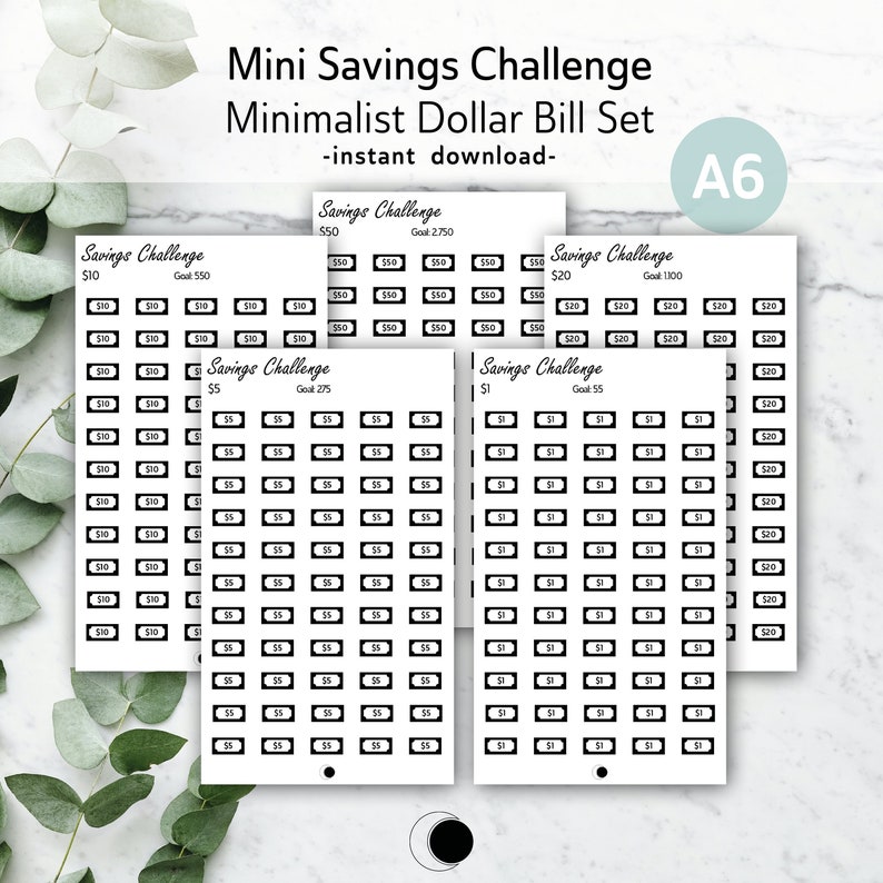 Printable Minimalist Dollar Bill Savings Challenge Set A6 | 1,5,10,20 ...