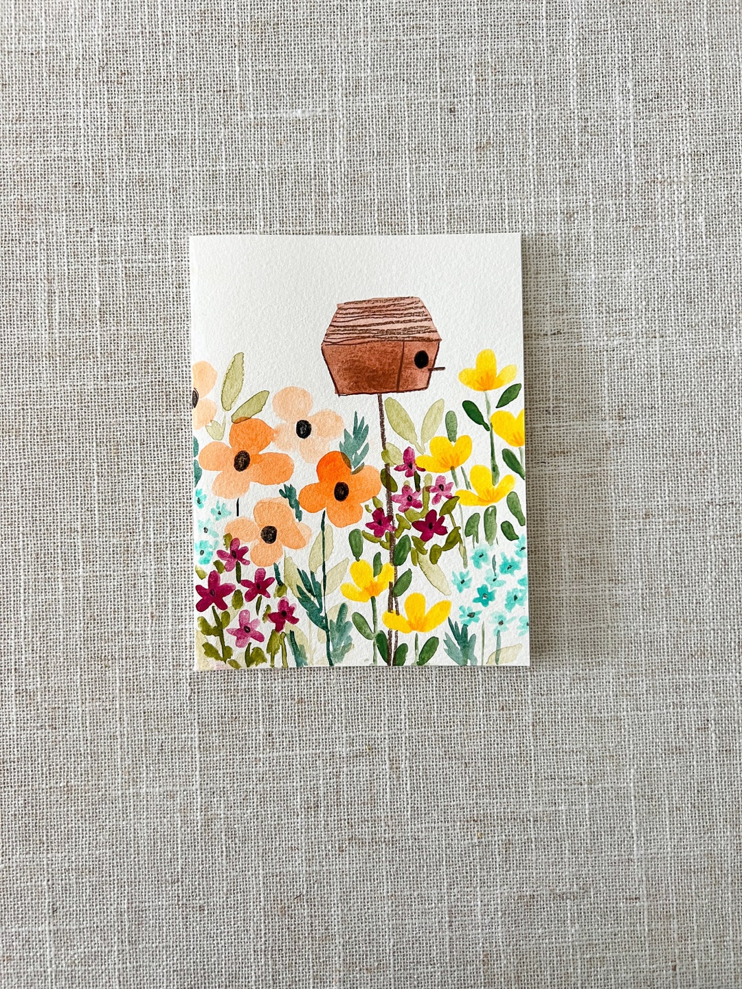 Original Hand Painted Watercolor Birdhouse Flower Garden Card - All ...