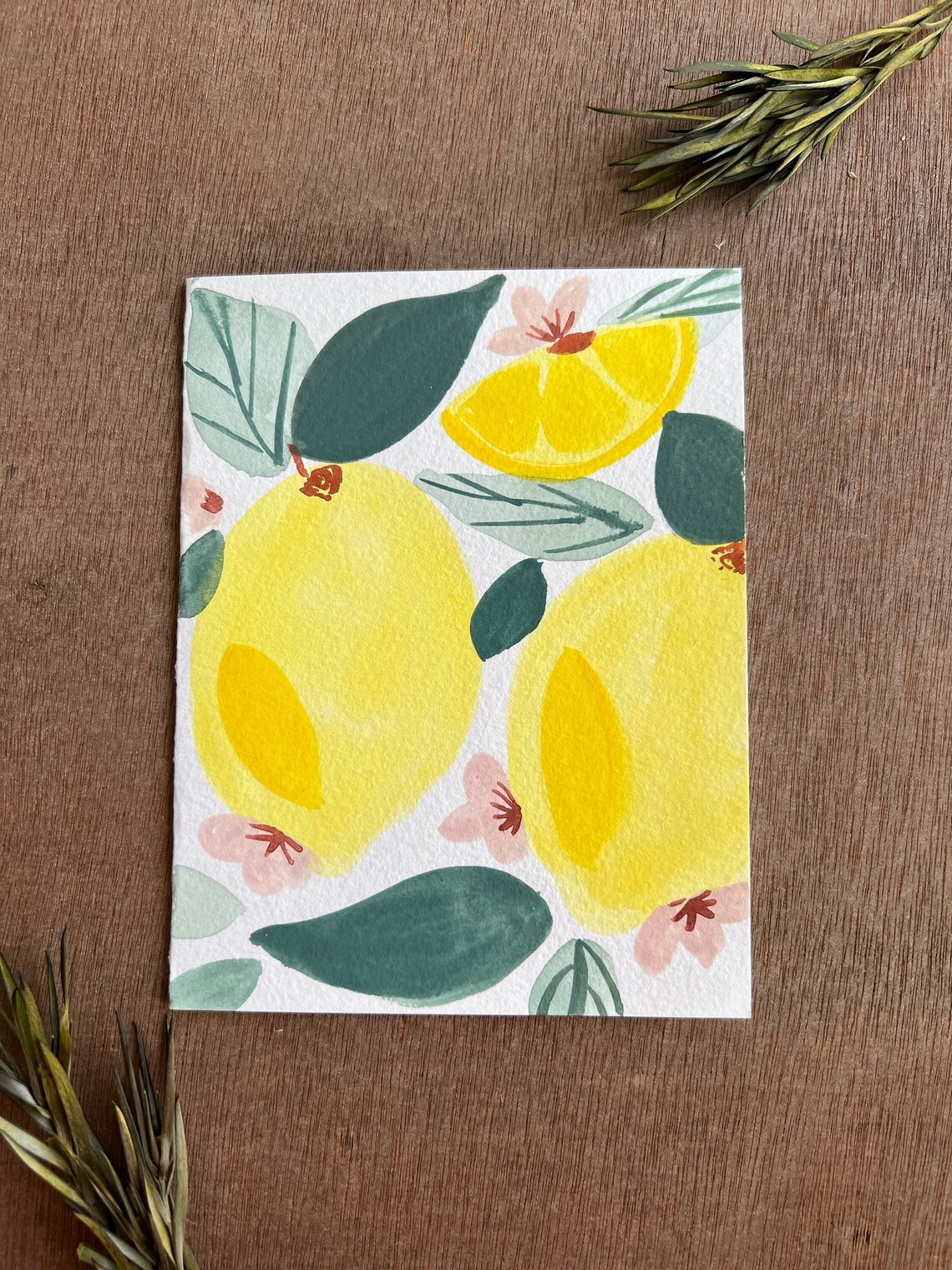 Original Hand Painted Watercolor Citrus Lemon Holiday Card All Occasion ...