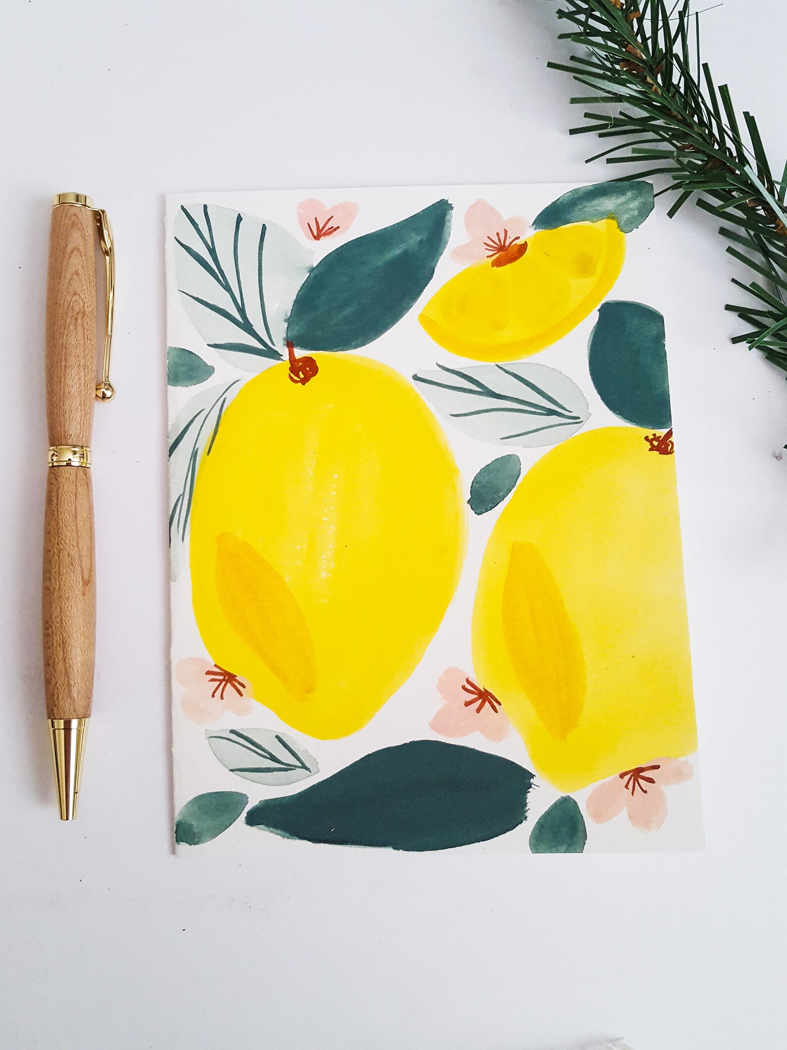 Original Hand Painted Watercolor Citrus Lemon Holiday Card All Occasion ...