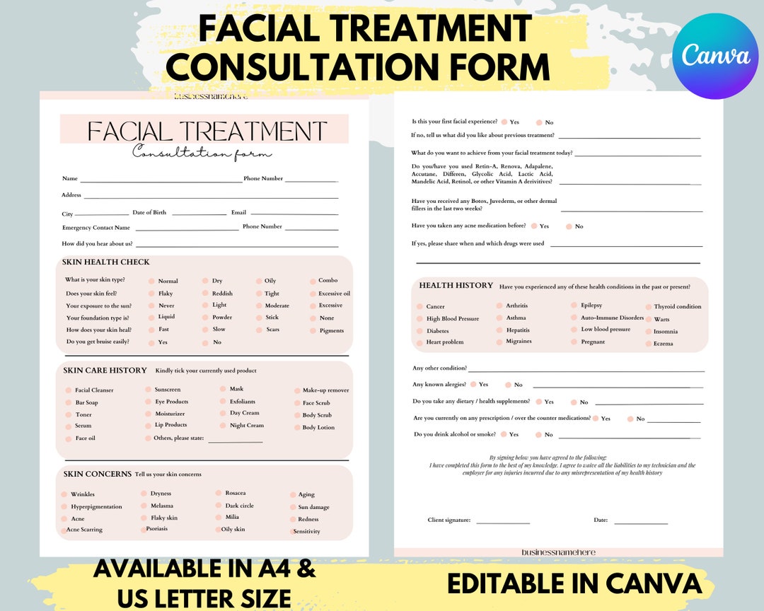 EDITABLE Facial Consultation Form, Client Intake Form,beauty Salon Printable,editable Spa Forms ...
